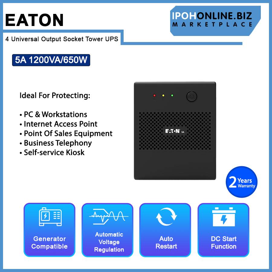 EATON 5A 1200VA 650W 4 Universal Output Socket Tower BACKUP BATTERY UPS ...