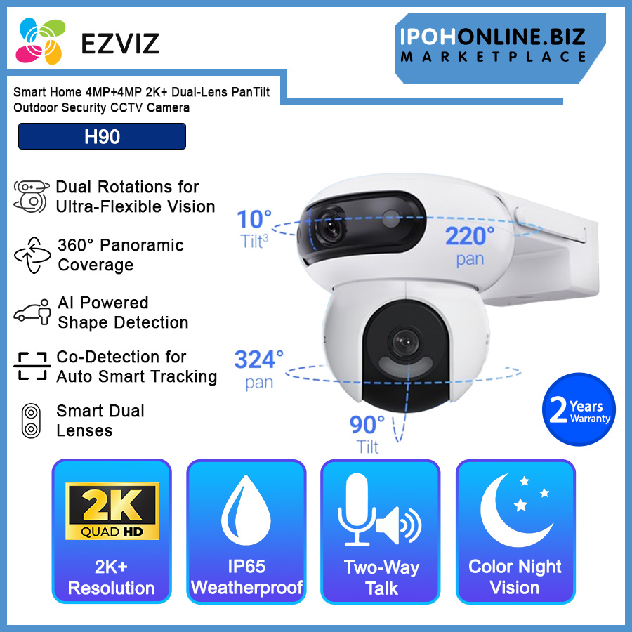 Ezviz H90 Smart Home 4MP+4MP 2K+ Dual-Lens Pan/Tilt Outdoor Security ...